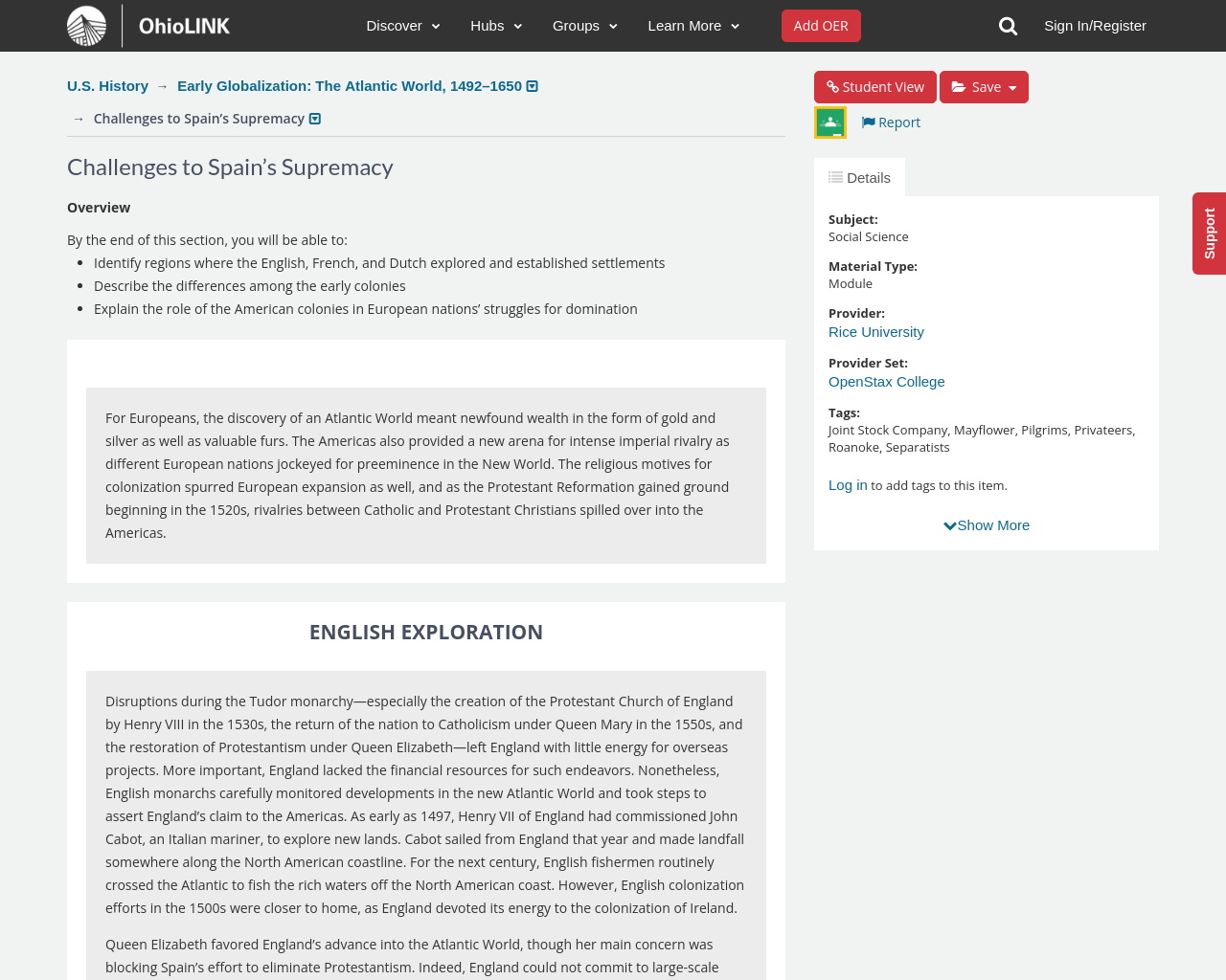 U.S. History, Early Globalization: The Atlantic World, 1492–1650, Challenges to Spain’s ...